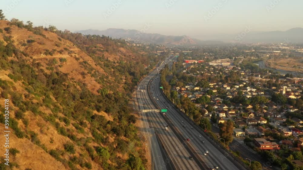 Aerial shot of the 5 freeway as it runs through the Elysian Valley in ...