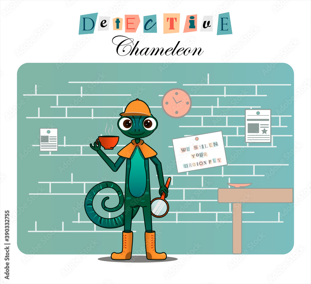 Cartoon character chameleon-detective. Flat illustration for children ...