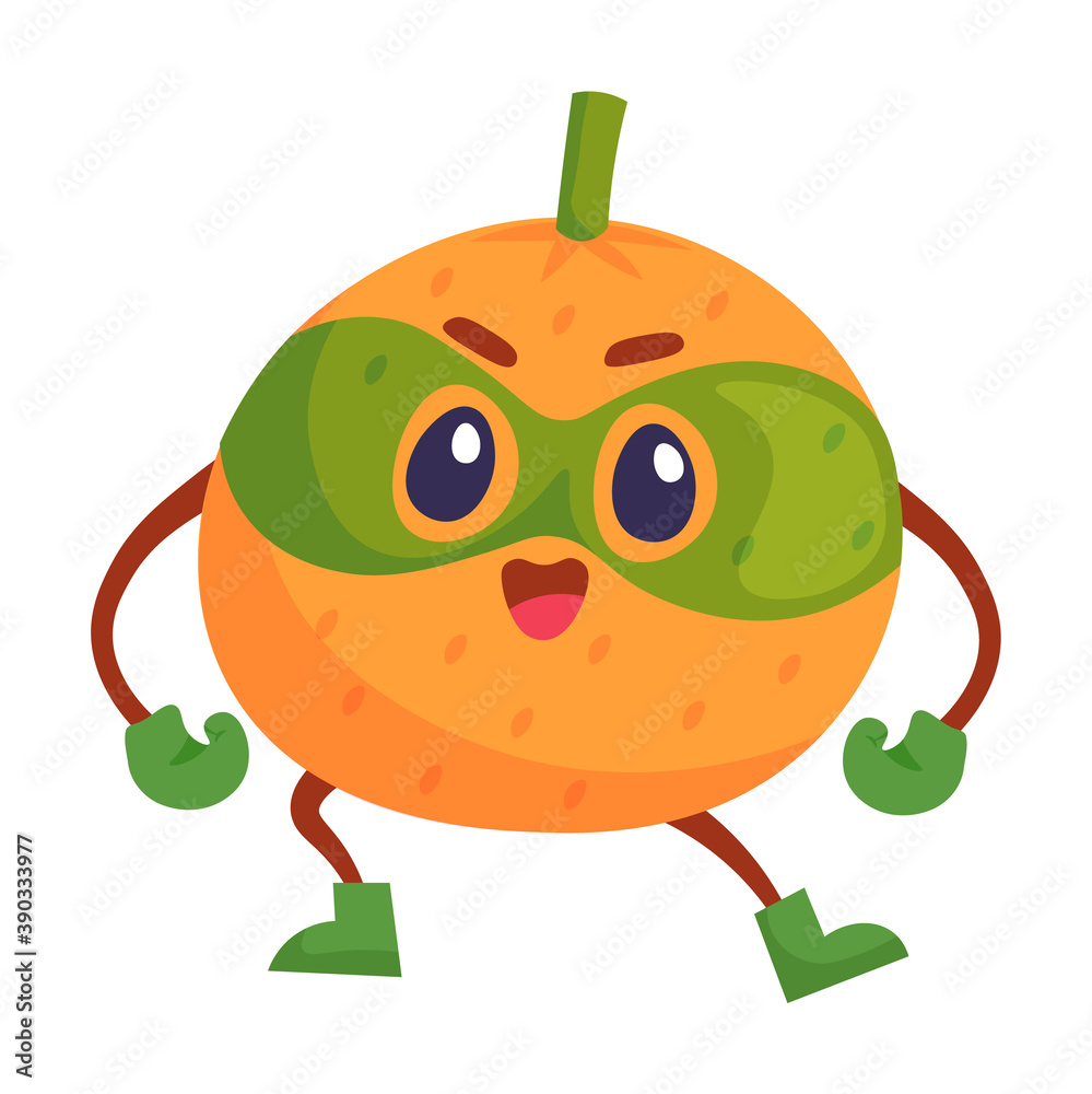 Cute orange fruit comic superhero mascot on white background Stock ...