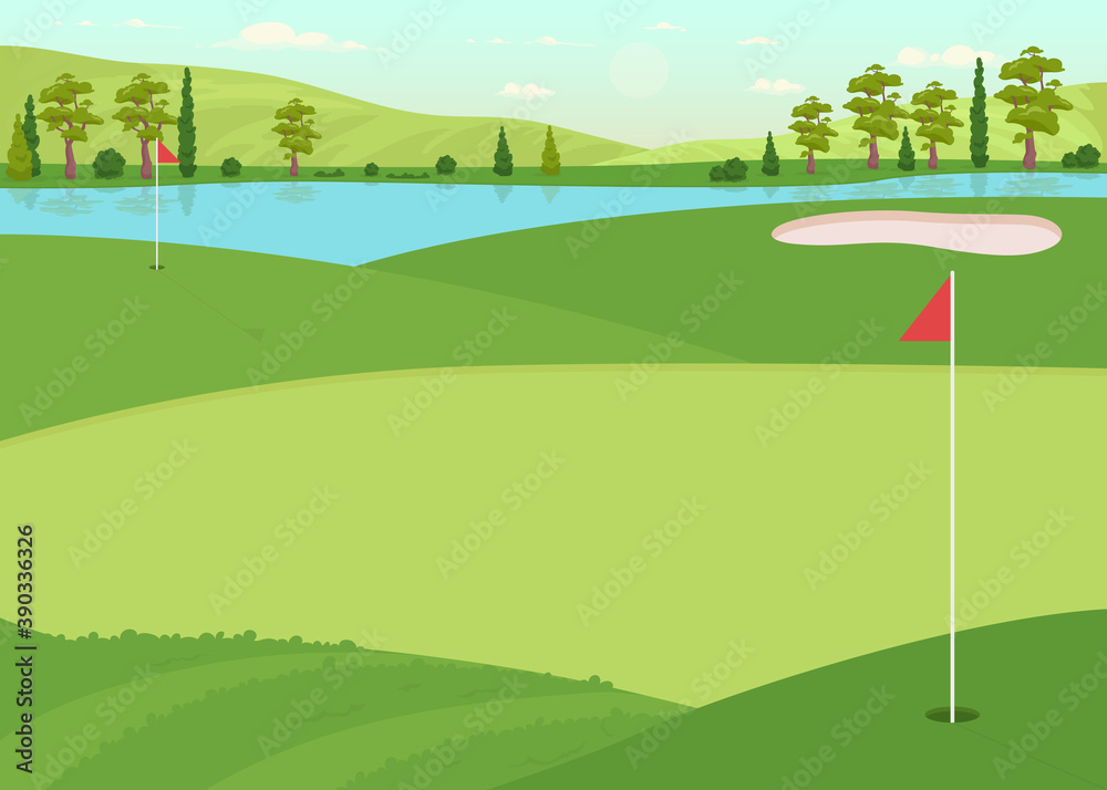 Golf field flat color vector illustration. Lawn for game competition ...