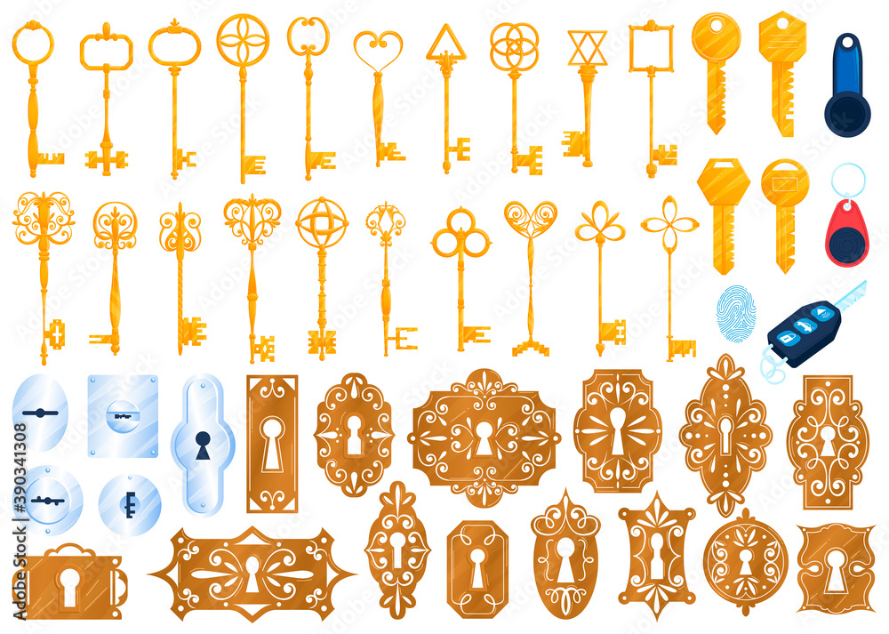 Old golden lock keys isolated vector illustrations set. Safety privacy ...