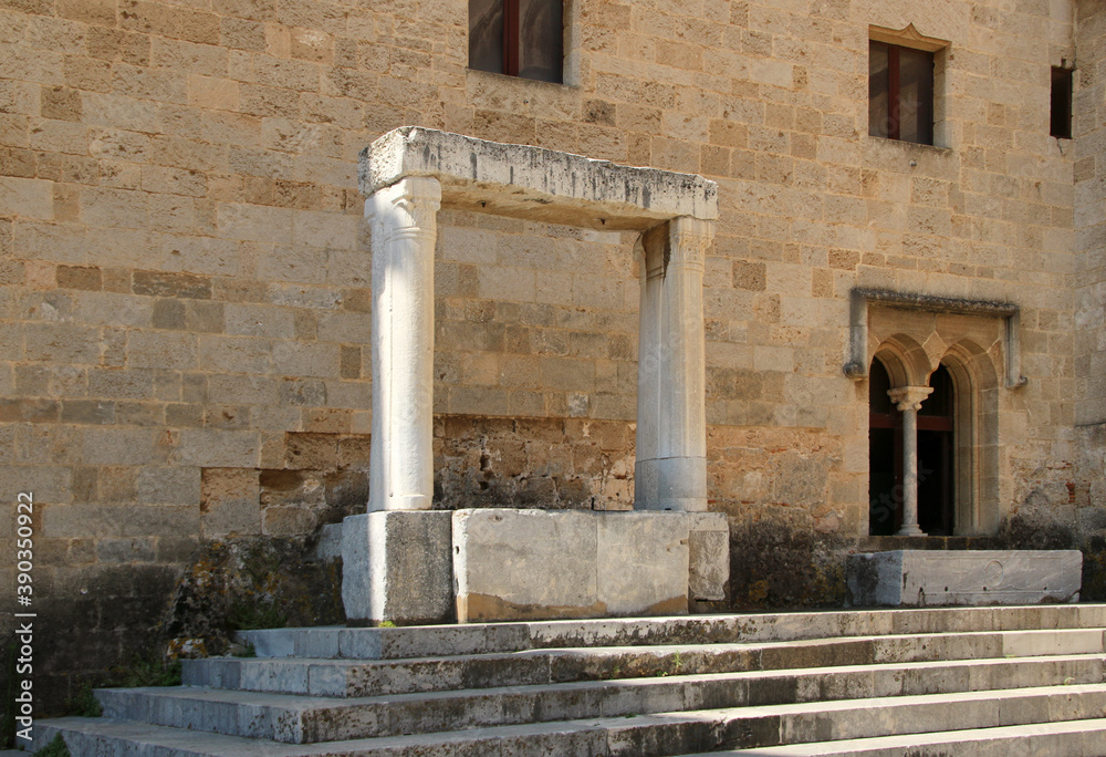 The Palace of the Grand Master, ancient Greek columns in the yard ...