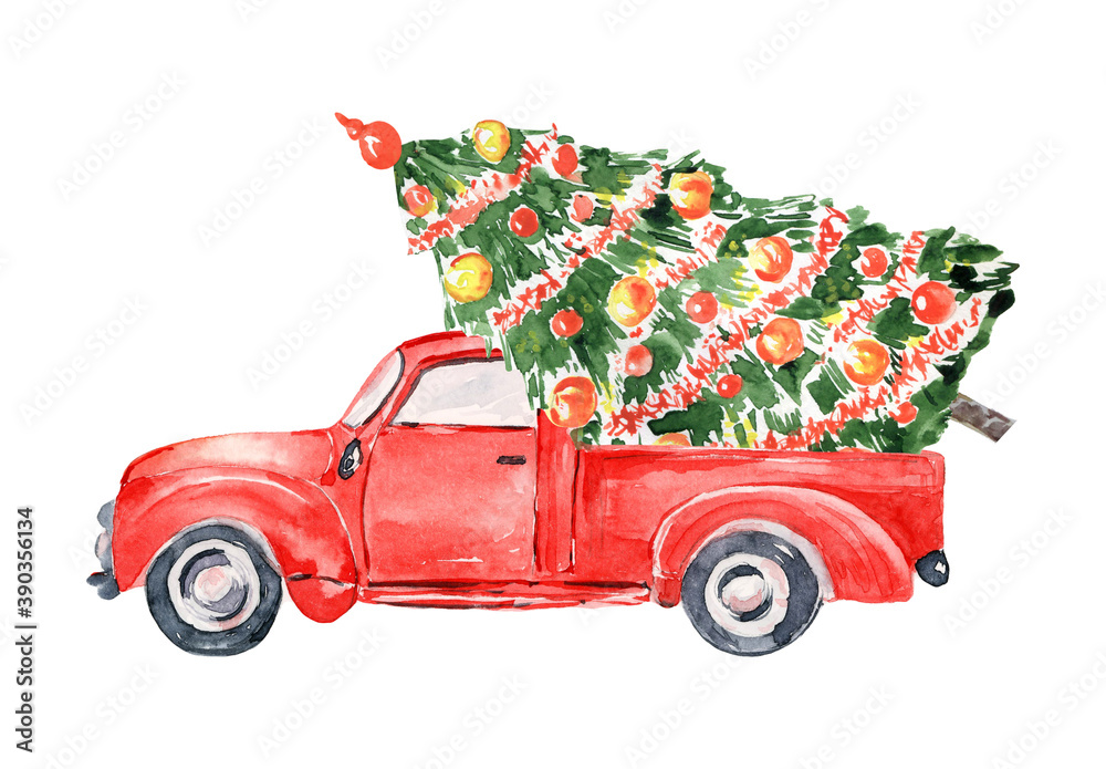 Watercolor red christmas truck clipart, Hand drawn vintage red truck ...