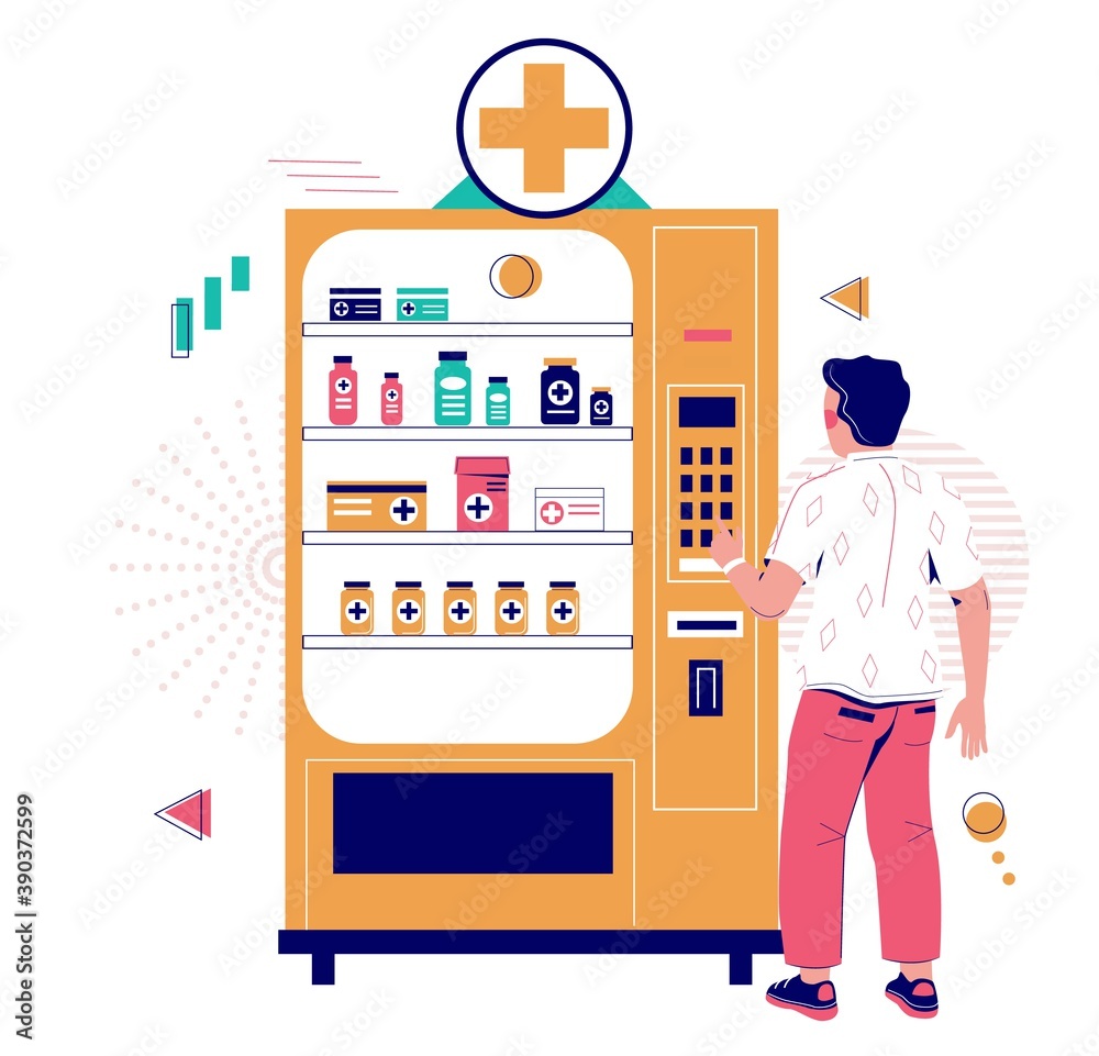 Man buying medicinal drugs from pharmacy vending machine, flat vector ...