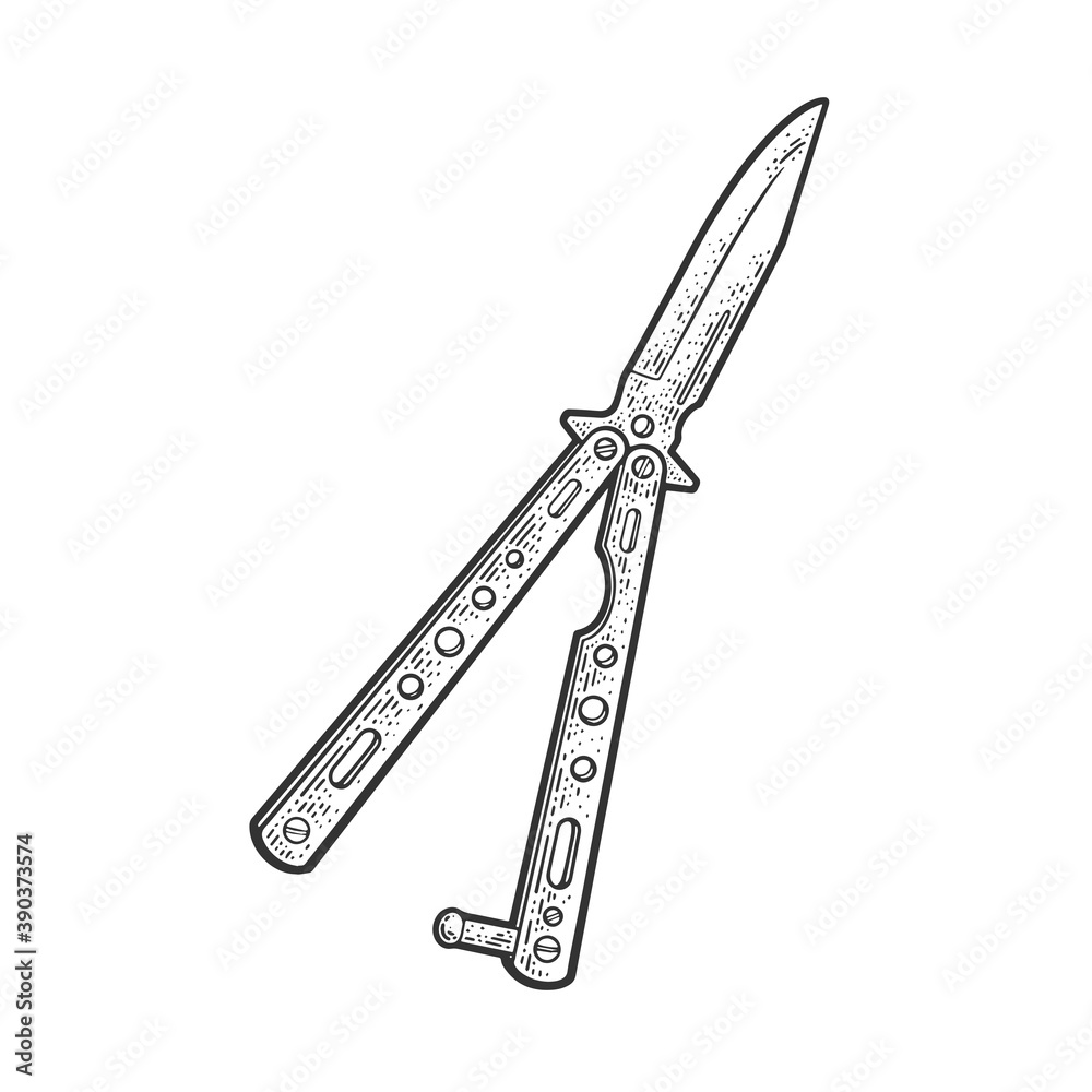 Butterfly balisong knife weapon sketch engraving vector illustration. T ...