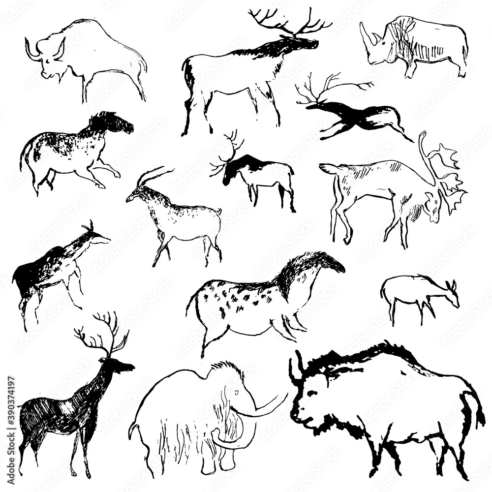 Rock painting cave old art symbol hand drawn vector illustration ...