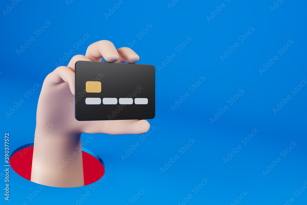 Cartoon hand holding black credir plastic bank card over blue ...