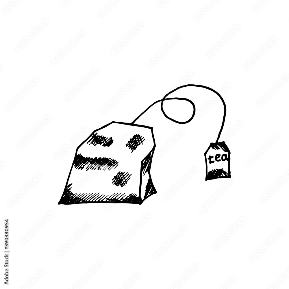 Hand drawn tea bag in doodle style with label Vector. Illustration for ...