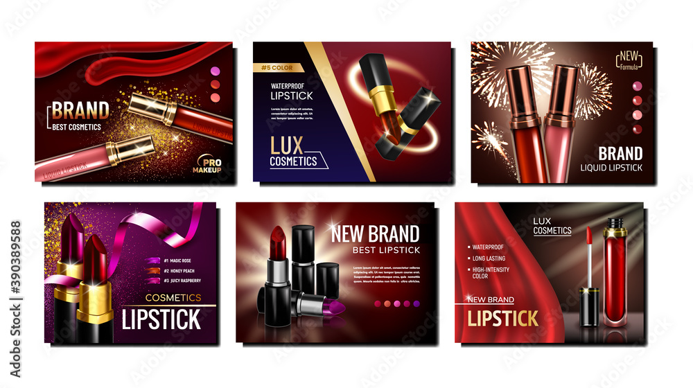 Lipstick Creative Advertising Posters Set Vector. Lipstick Fashion ...