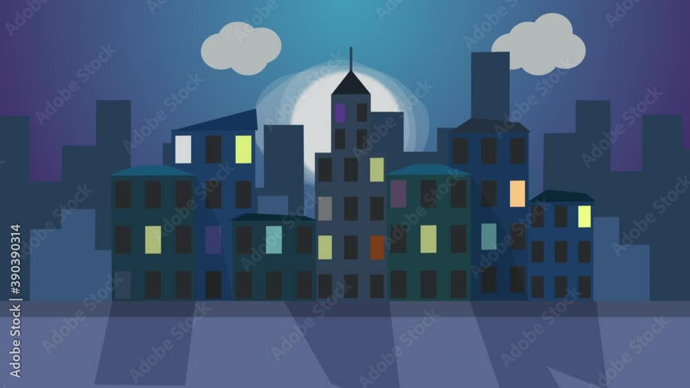 2D Animation of a flat cartoon night city. Bright light window on dark ...