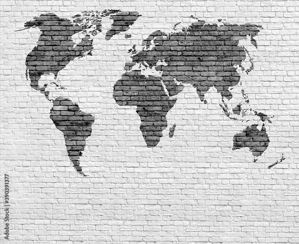 Black and white brick world map on brick wall background Stock ...