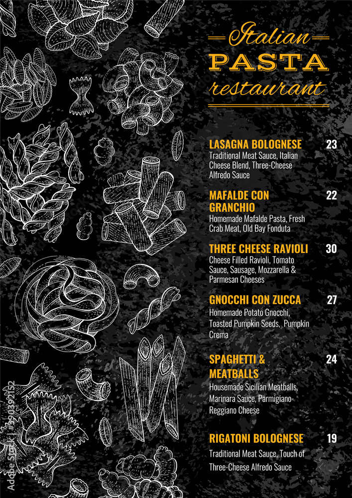 Pasta menu. Italian food restaurant vector illustration. Logo and menu ...