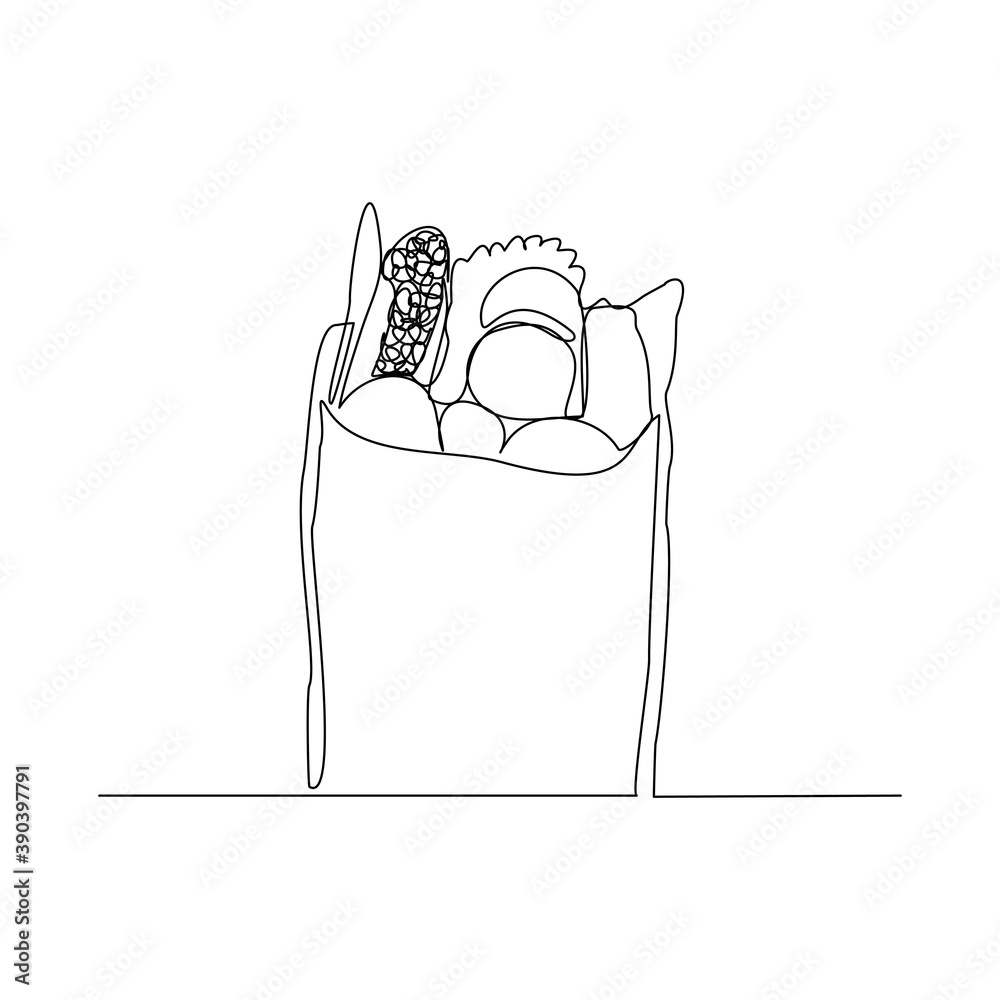 Continuous line drawing of shopping grocery paper bag full of fresh ...
