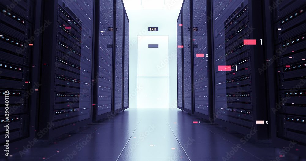 Server Racks In a Modern Data Center. Computer Racks All Around. Flying ...