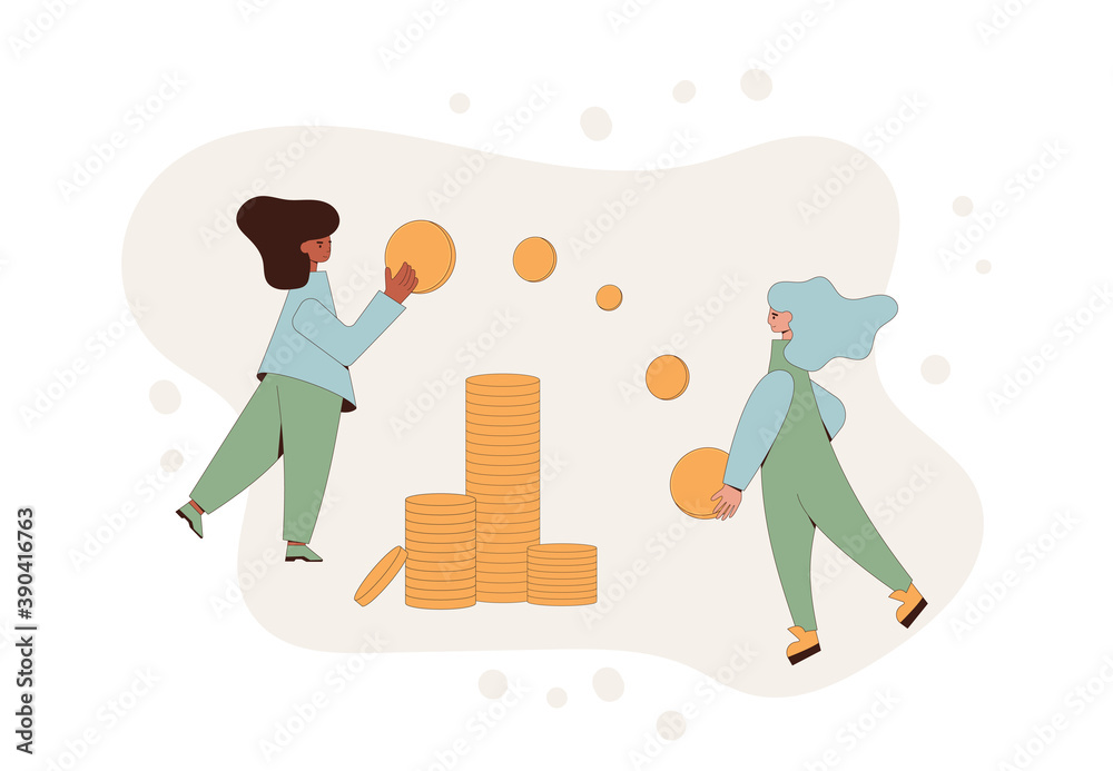 Money income concept. Two teenagers with big coins. Line art vector ...