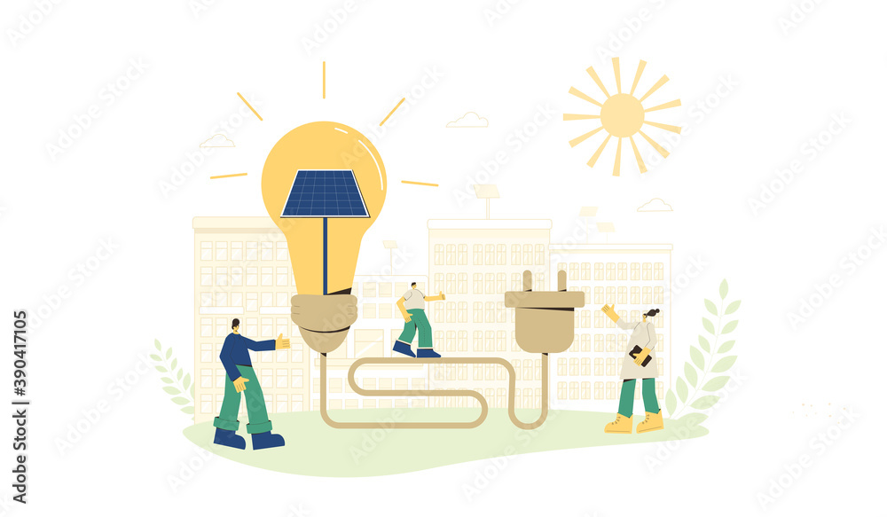 Solar energy system concept. Installing solar modules. Scene with ...