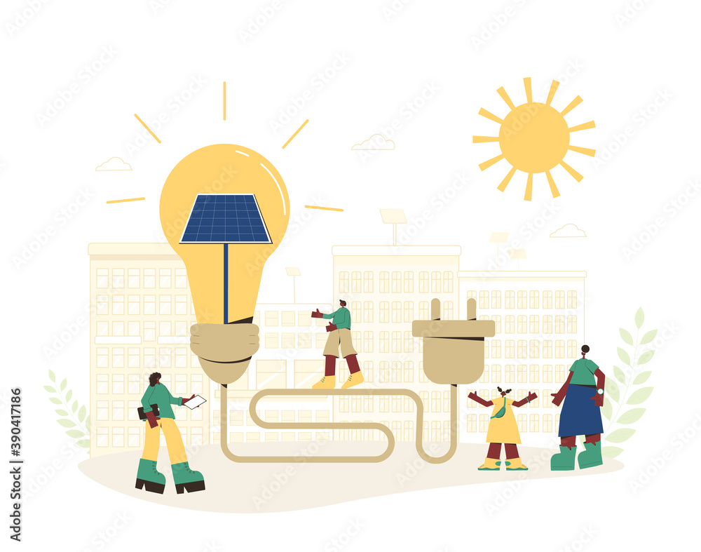 Solar energy system concept. Installing solar modules. Scene with ...