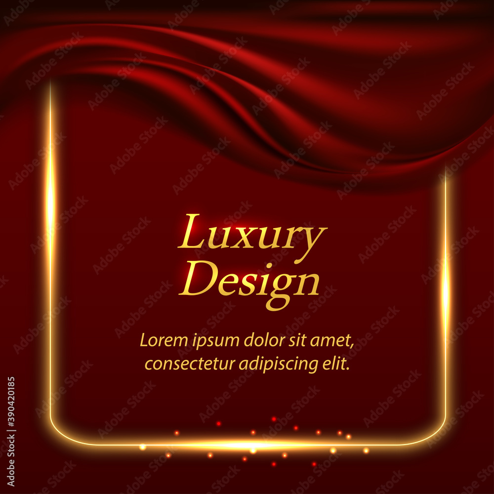 Luxury background with red wilk drapery and gold glowing border ...