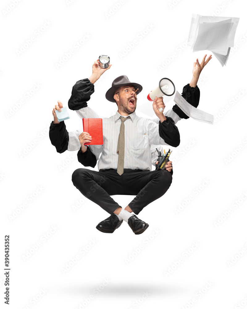 Handsome journalist, multi-armed correspondent levitating isolated on ...