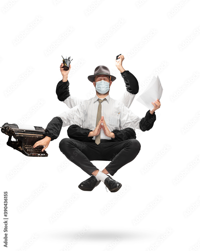 Handsome journalist, multi-armed correspondent levitating isolated on ...