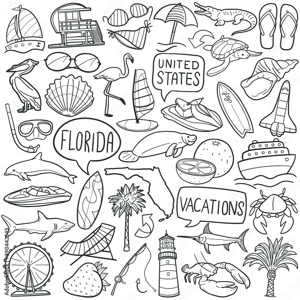 Florida USA doodle icon set. Vacations Vector illustration collection ...