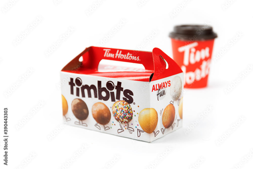 A snack size box of Tim Horton's Timbit donut holes with an out of ...