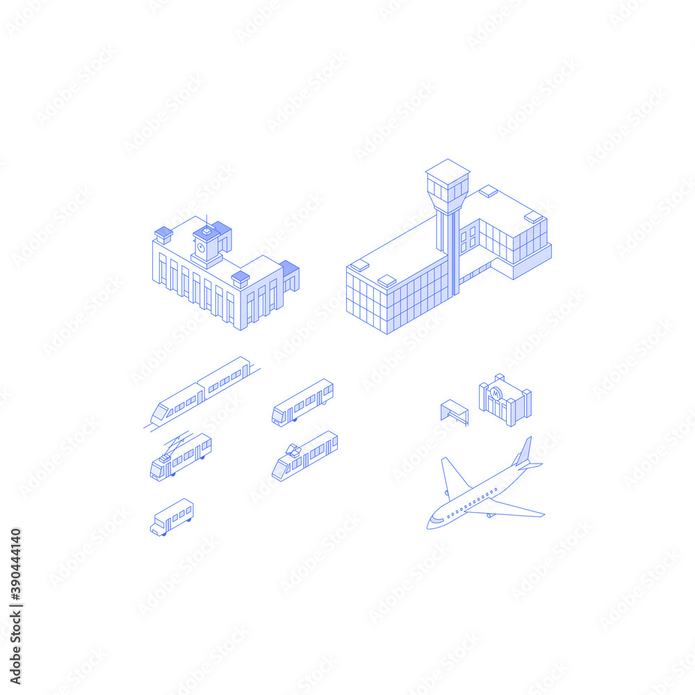 Set of isometric objects. Monochrome line art public transport elements ...