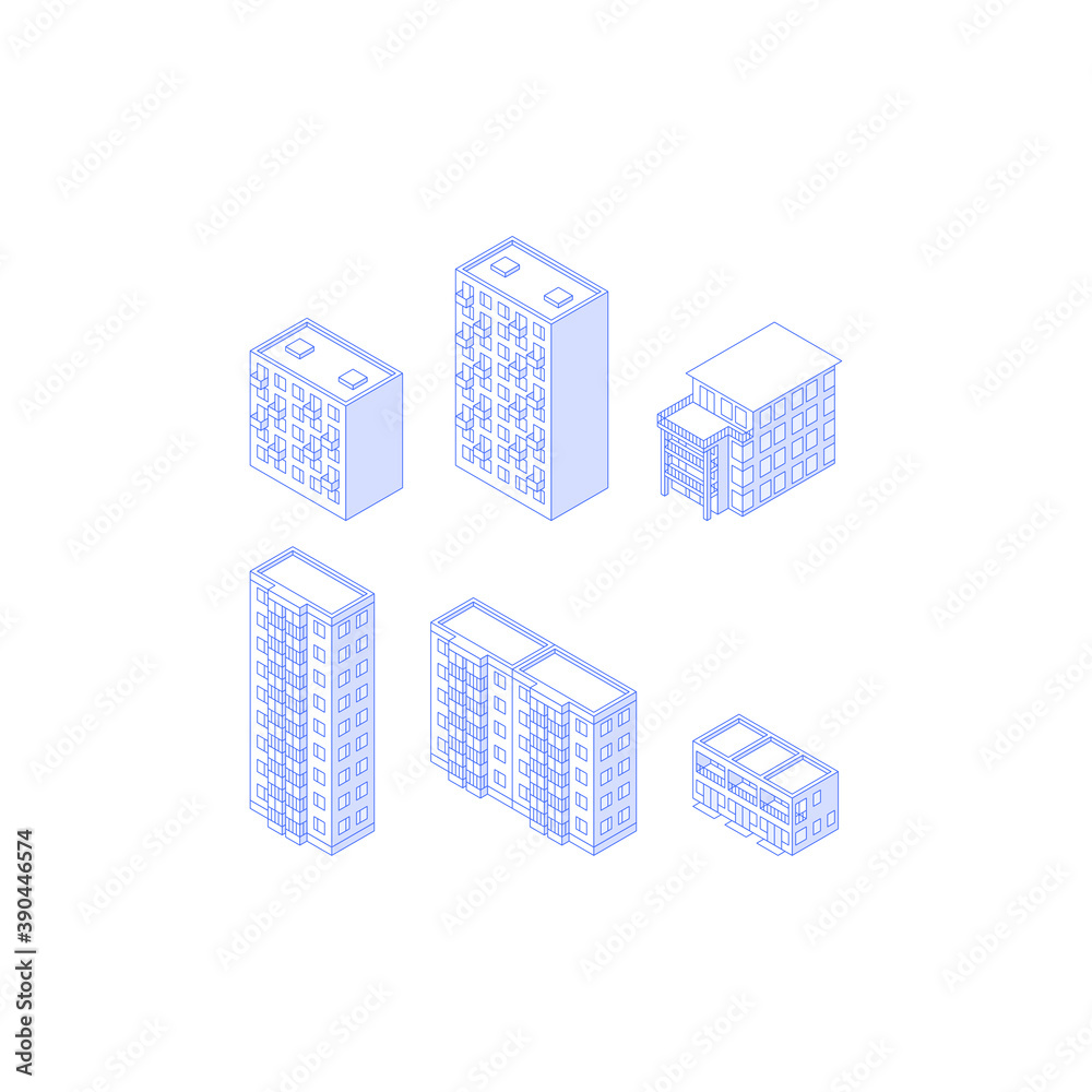 Set of isometric objects. Monochrome line art apartment houses ...