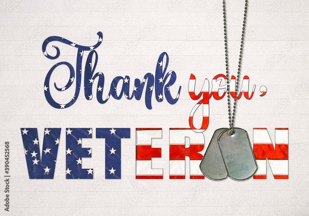 thank you flag text for veteran with military dog tags on rustic wood ...