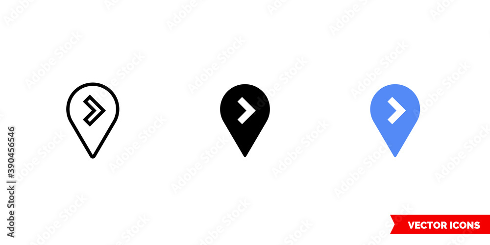 Next location icon of 3 types color, black and white, outline. Isolated ...