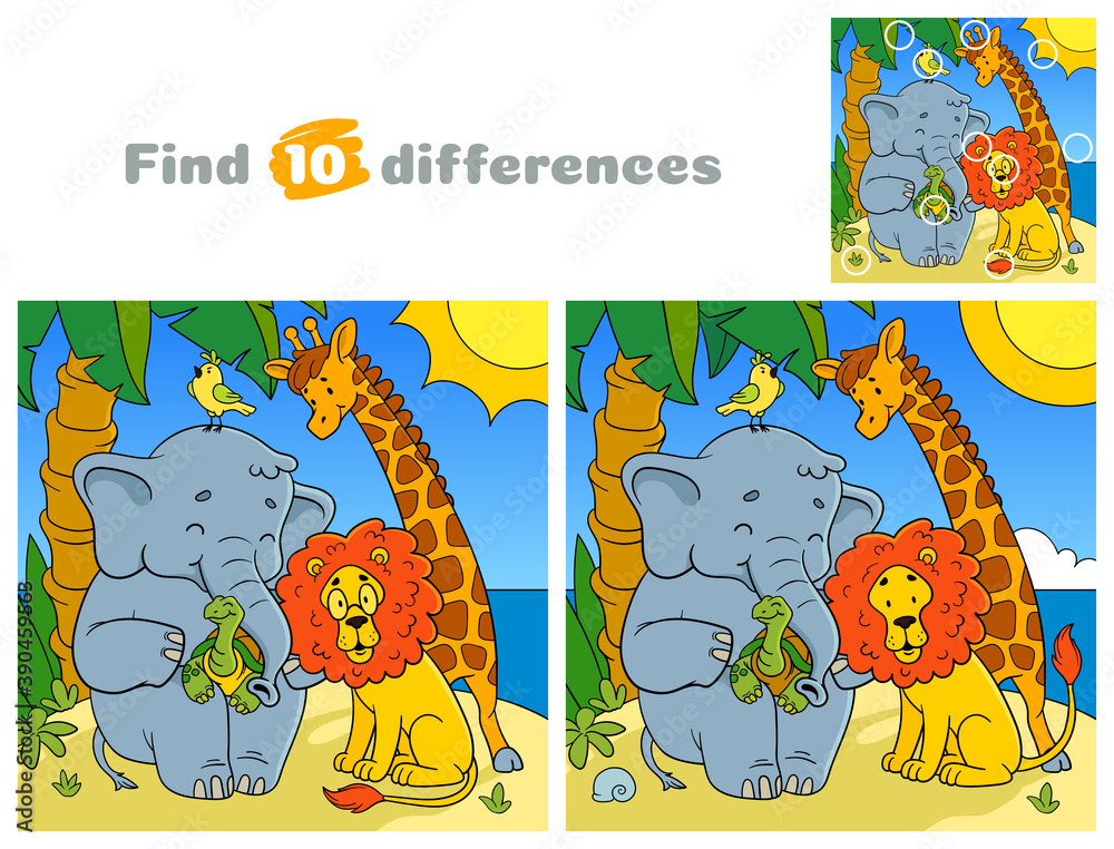 Wild African animals. Find 10 differences. Educational game for ...