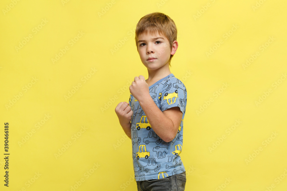 Little emotional boy in casual clothes in a fighting stance isolated on ...