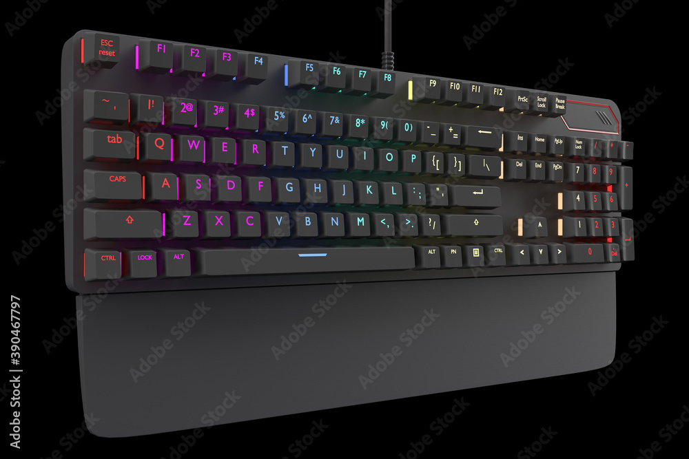 Black computer keyboard with rgb color isolated on black with clipping ...