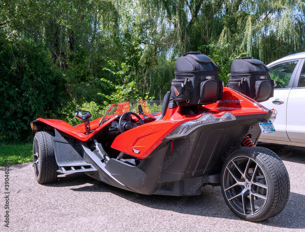 NELSON, WI - 27 AUG 2019: Polaris Slingshot, a three wheeled vehicle ...