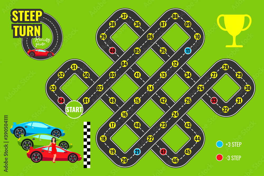 Board game car street racing. Color transport and road on green ...