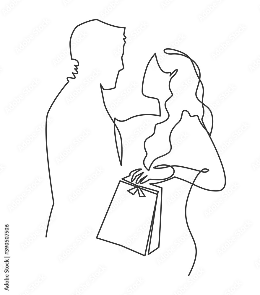 A couple of lovers give holiday gifts. A scene of a man and a woman are ...