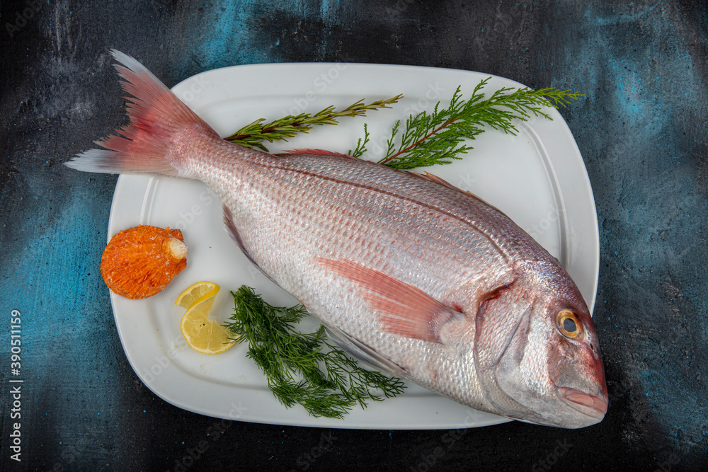 Foto Stock fish on a rustic wooden floor - Common dentex , Pink dentex ...