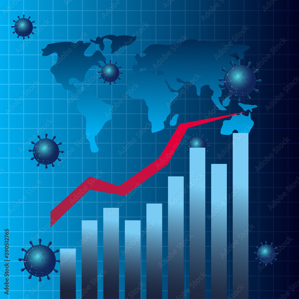 Covid 19 virus stats bars chart with increase line and map gradient ...