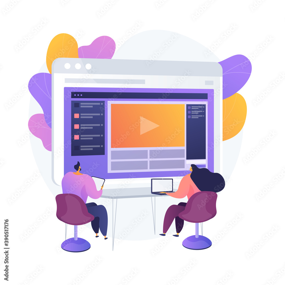 Online courses. Colorful cartoon characters watching video tutorial ...