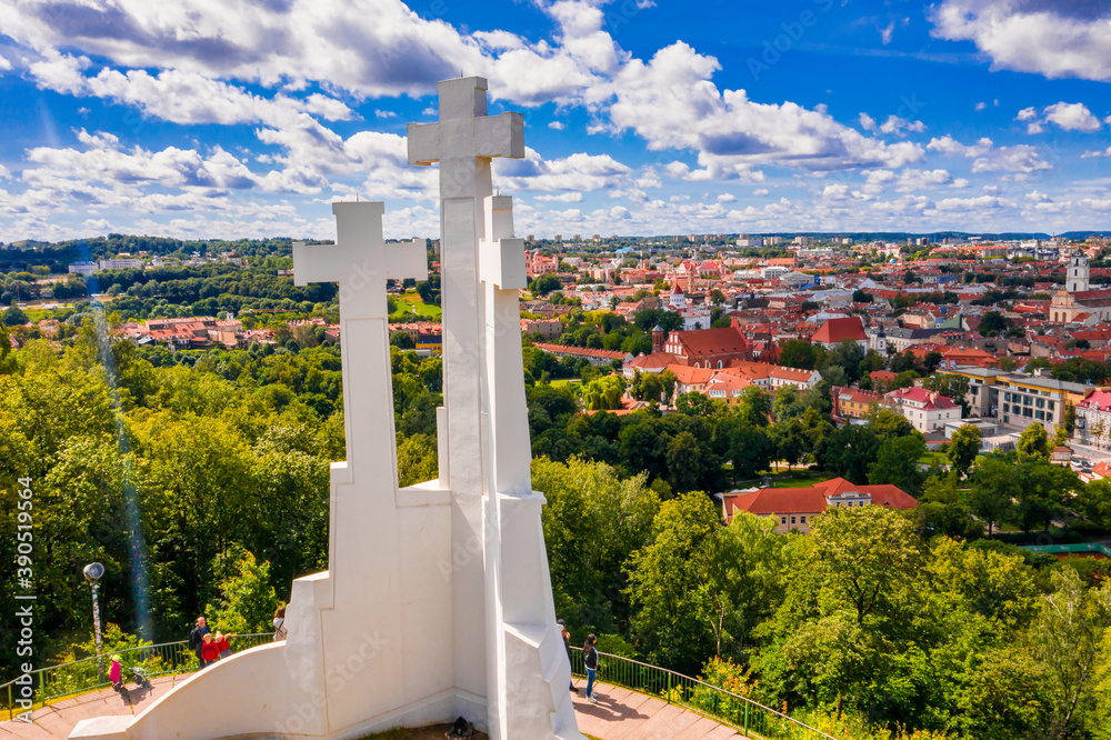 Aerial view of the Three Crosses monument overlooking Vilnius Old Town ...