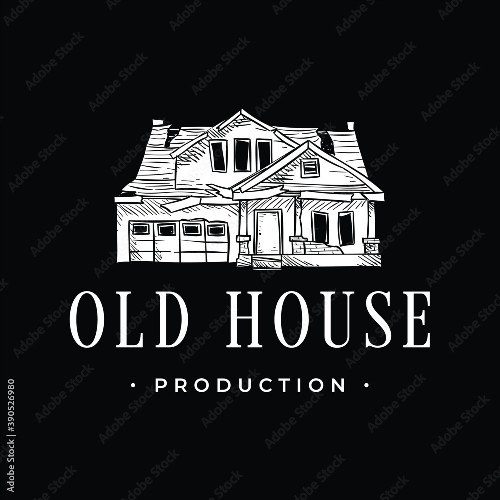 Old ruined house vector hand drawn logo design illustration Stock ...
