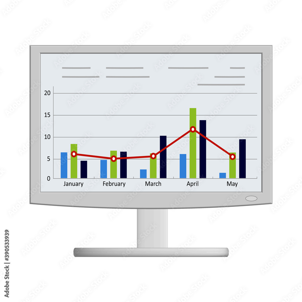 Monitor with graphs and charts on the screen isolated on white. Front ...