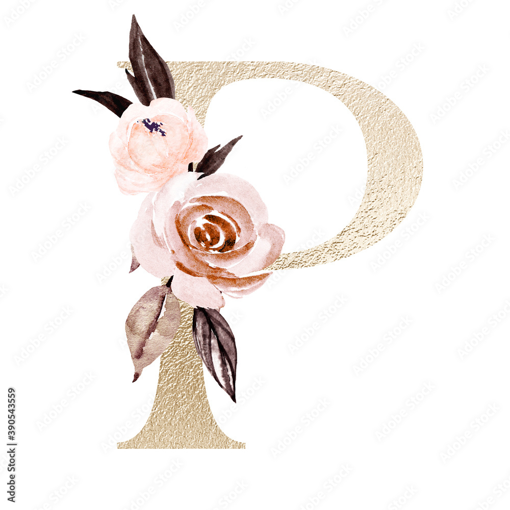 Golden letter p with watercolor flowers and leaf. Floral alphabet ...