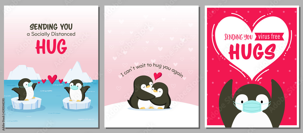 Set of love and hug themed card designs with cute penguins. Adorable ...