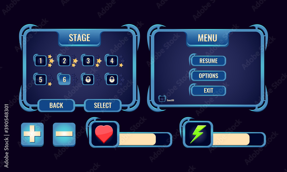 Set of rpg game ui board pop up with level selection, main screen, and ...