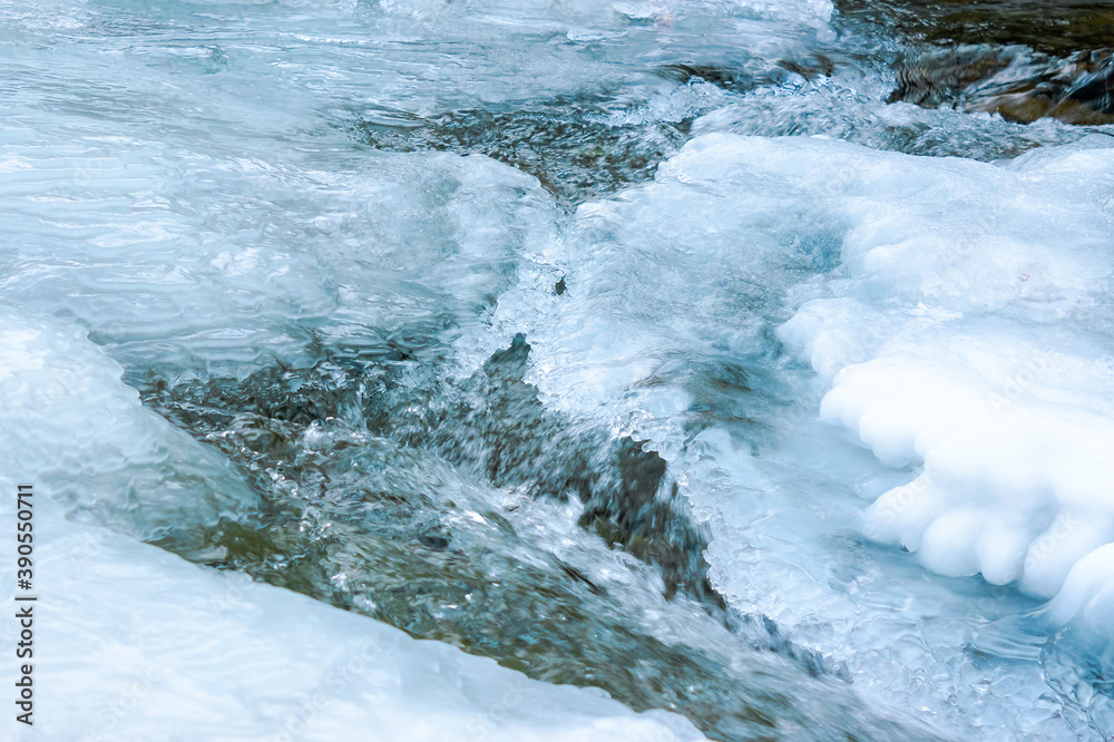 ice texture on the river. close up background. blue color in day light ...