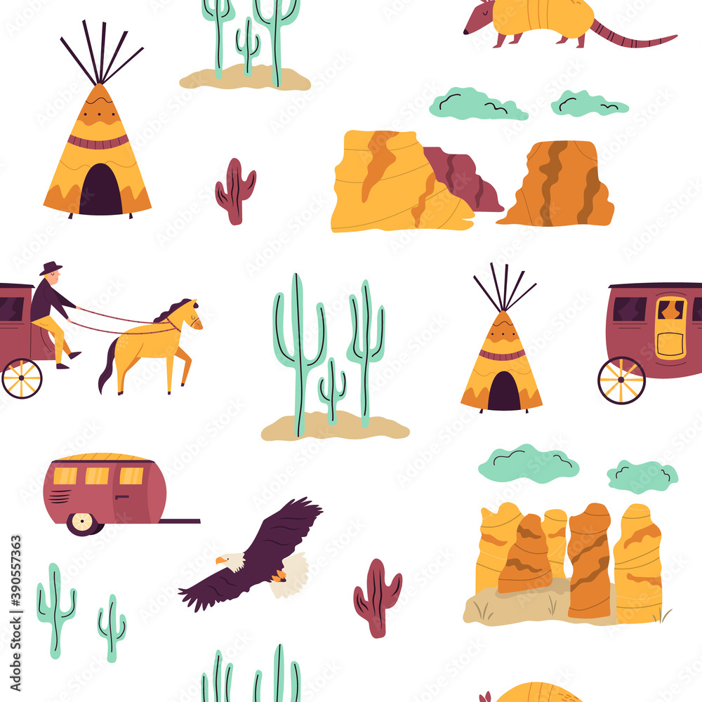 Seamless pattern with famous landmarks, symbols of Arizona state, USA ...