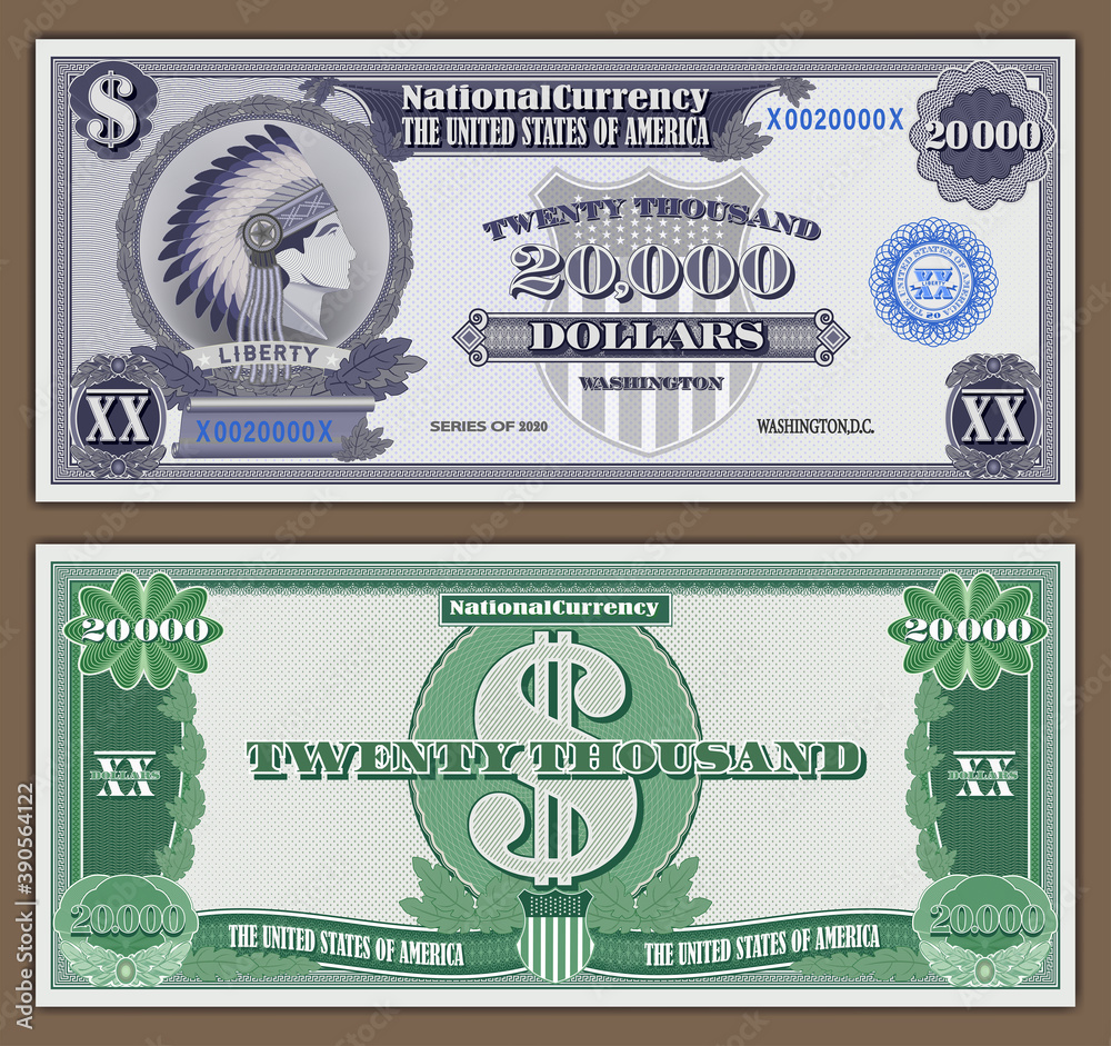 Fictional paper money USA 20000 dollars. Obverse and reverse. Portrait ...