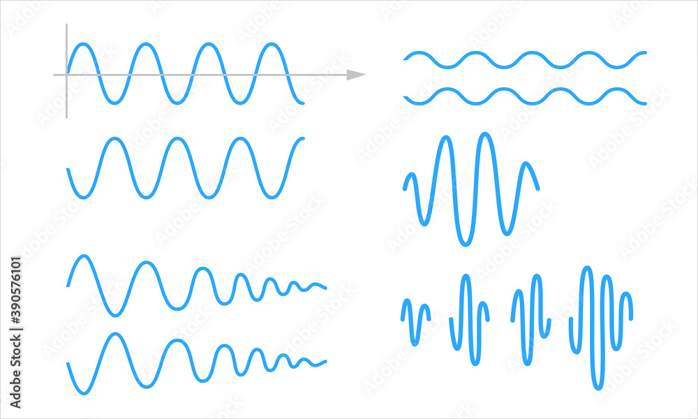 Sinusoid. A set of sinusoidal waves. Pulse lines isolated on a white ...