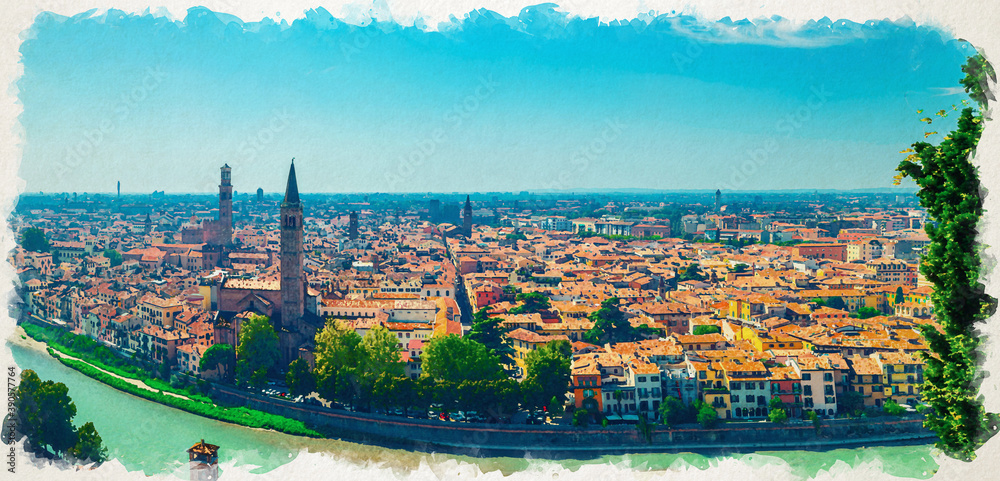 Watercolor drawing of Panorama of Verona historical city centre ...